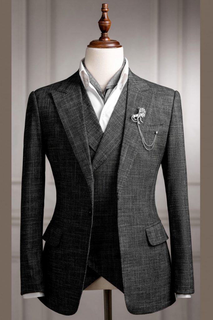Vest đen xước 1 nút cổ nhọn cao cấp - LIN wedding suit