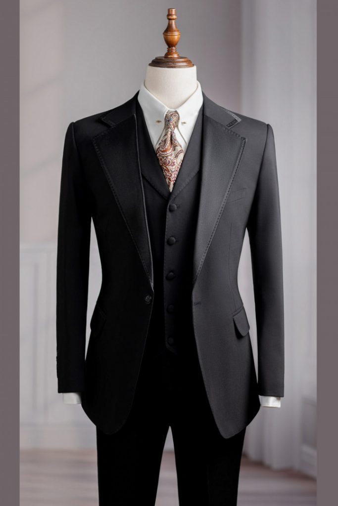 Vest đen cổ K viền bóng đột chỉ - LIN wedding suit