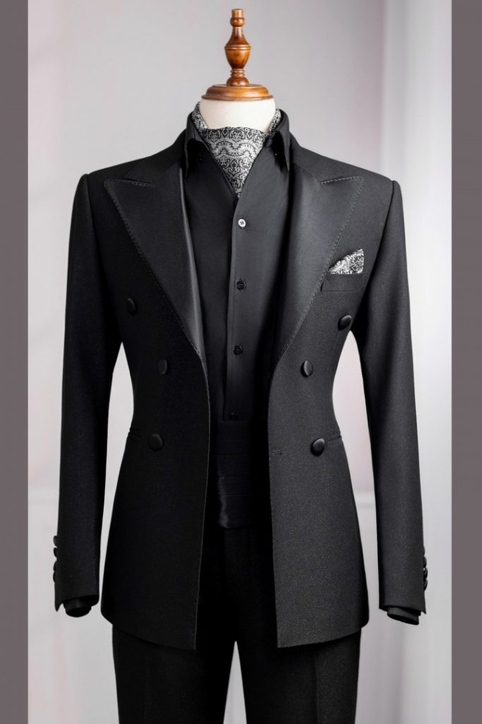 Vest đen kim sa cổ nhọn viền bóng 6 nút - LIN wedding suit