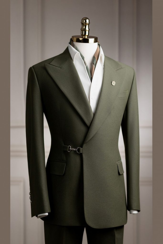 Vest xanh rêu kim sa cài chéo cổ nhọn - LIN wedding suit